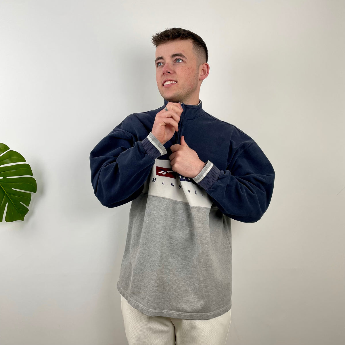 Reebok Membership RARE Navy and Grey Embroidered Spell Out Quarter Zip ...