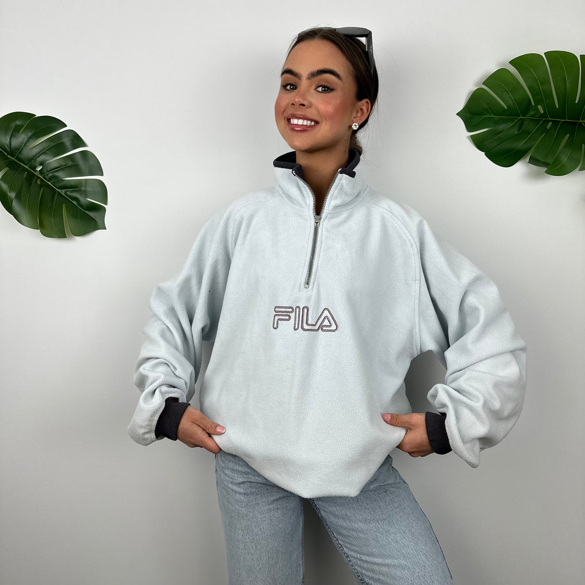 FILA Baby Blue Embroidered Spell Out Teddy Bear Fleece Quarter Zip Swe ...