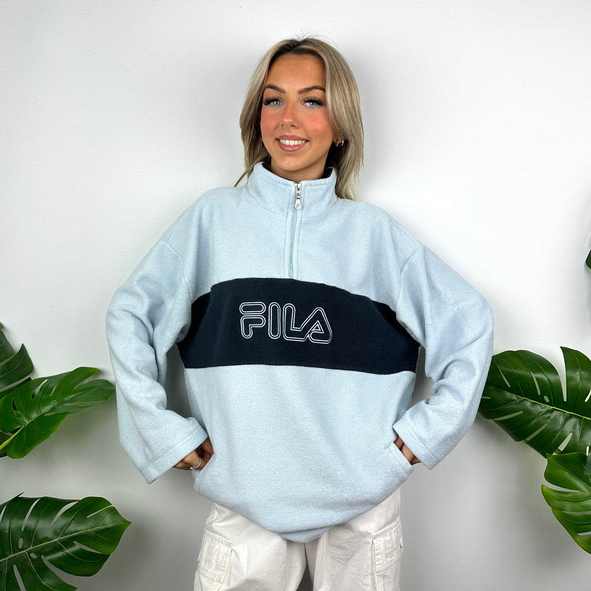 FILA Baby Blue Embroidered Spell Out Teddy Bear Fleece Quarter Zip Swe ...
