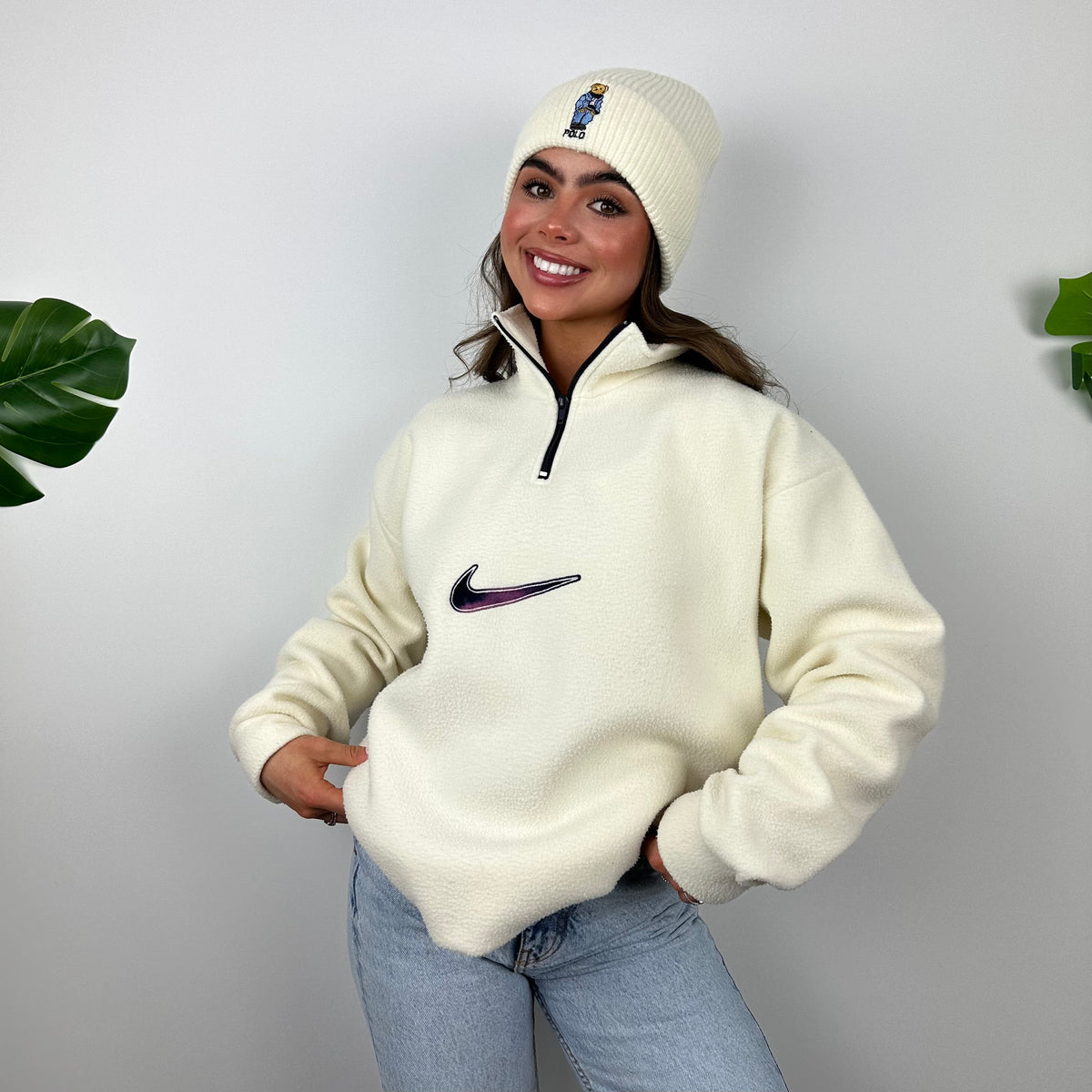 Nike Cream Embroidered Swoosh Teddy Bear Fleece Quarter Zip Sweatshirt ...