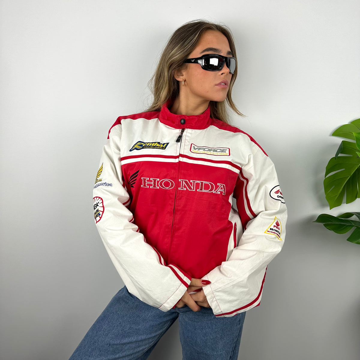 Honda Racing Red & White Embroidered Spell Out Zip Up Racing Jacket (L ...