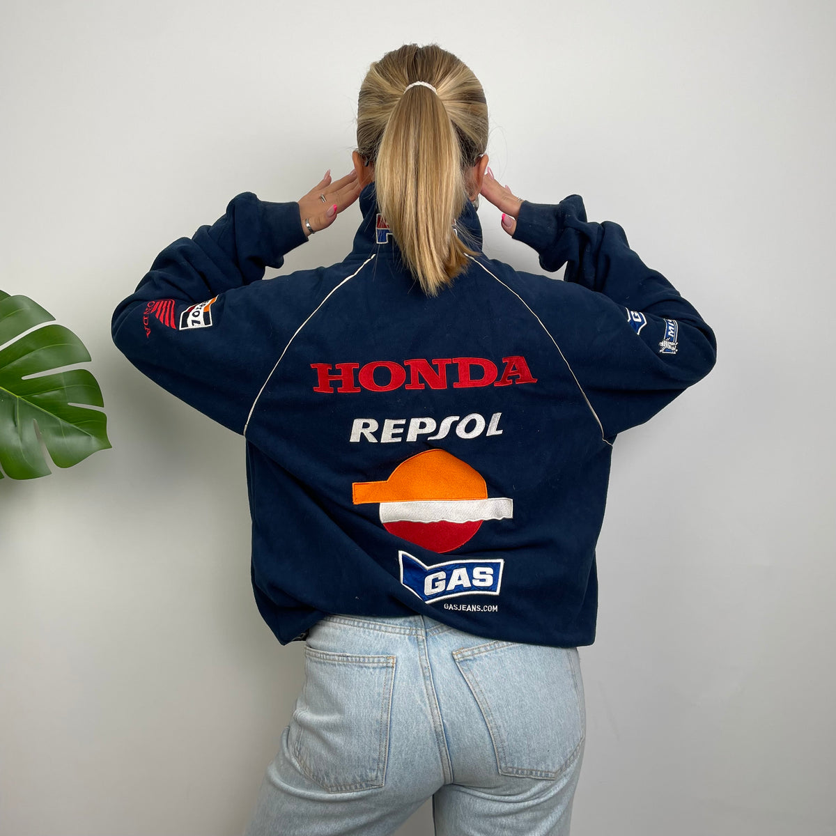 Honda Racing Blue Embroidered Spell Out Zip Up Teddy Bear Fleece Jacke ...