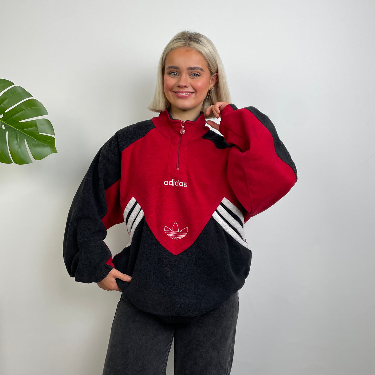Adidas Red Colour Block Embroidered Spell Out Teddy Bear Fleece Quarte ...