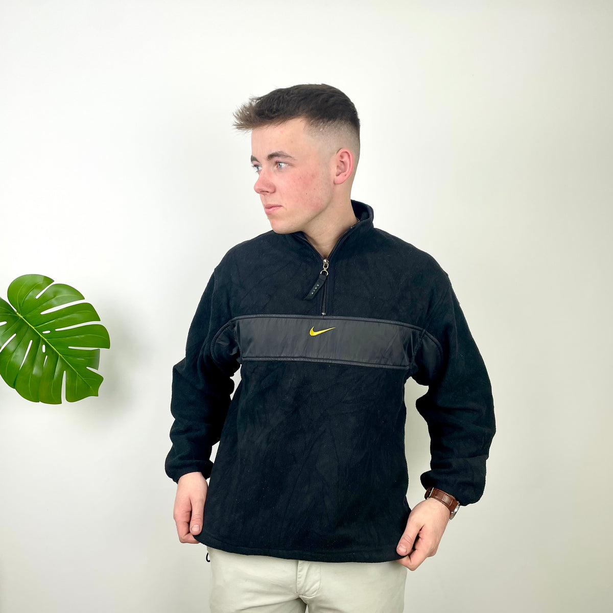 Nike Black Embroidered Swoosh Teddy Bear Fleece Quarter Zip Sweatshirt ...