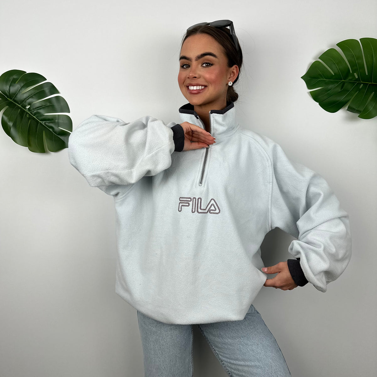 FILA Baby Blue Embroidered Spell Out Teddy Bear Fleece Quarter Zip Swe ...
