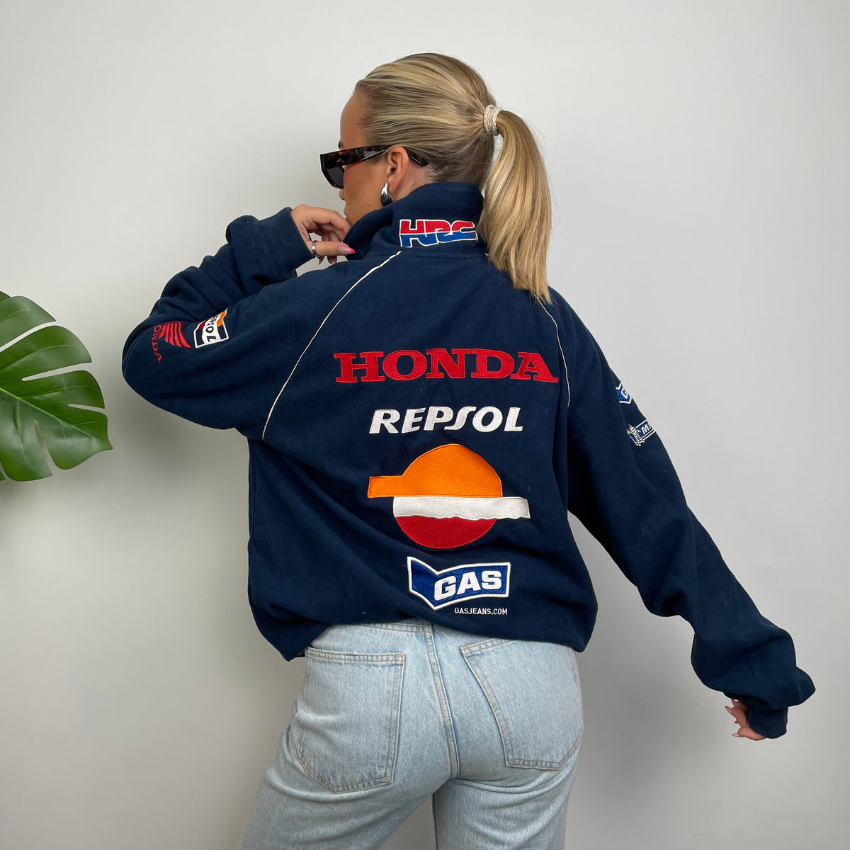 Honda Racing Blue Embroidered Spell Out Zip Up Teddy Bear Fleece Jacke ...