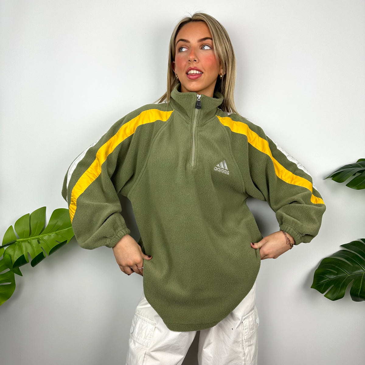 Adidas Green Embroidered Spell Out Teddy Bear Fleece Quarter Zip Sweat ...
