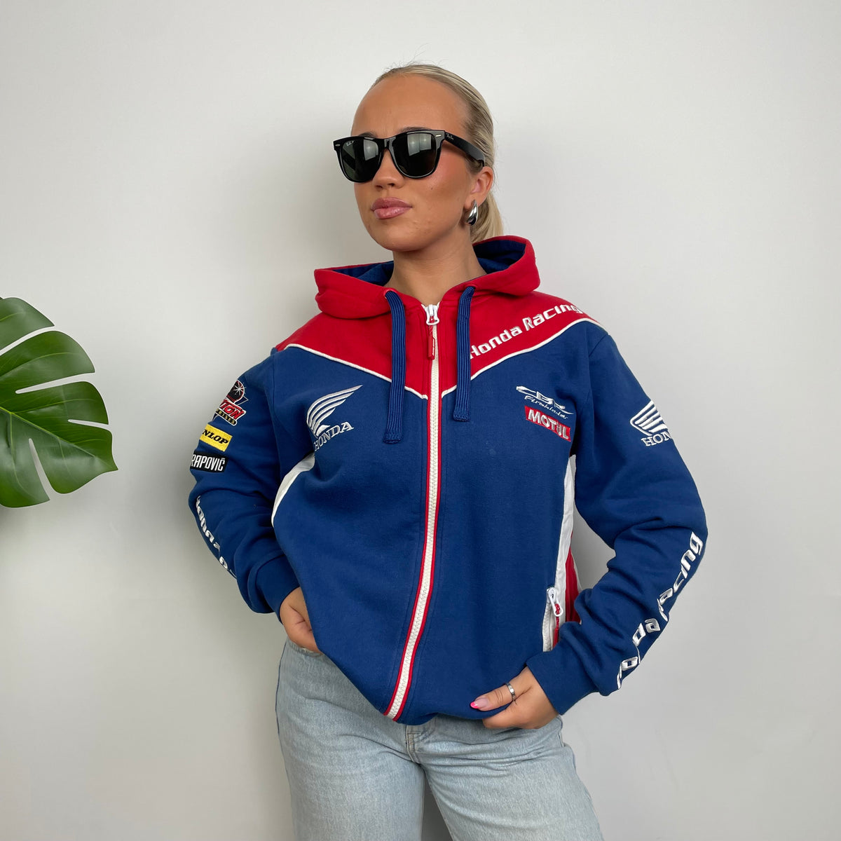 Honda Racing Blue Embroidered Spell Out Zip Up Hoodie Jacket (M ...