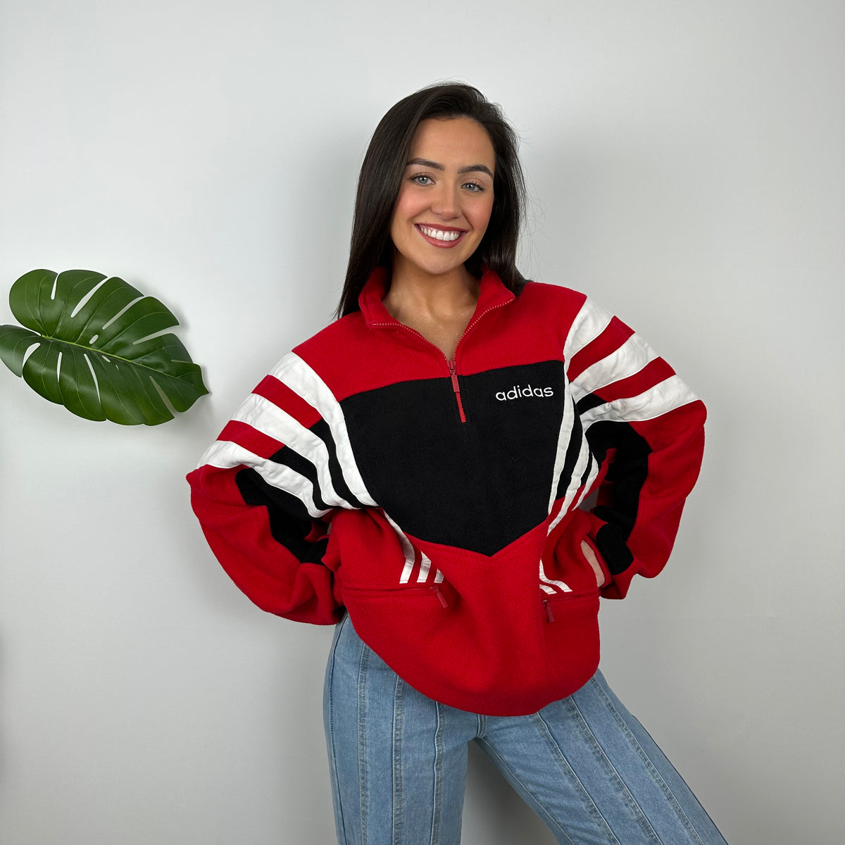 Adidas Red Colour Block Embroidered Spell Out Teddy Bear Fleece Quarte ...