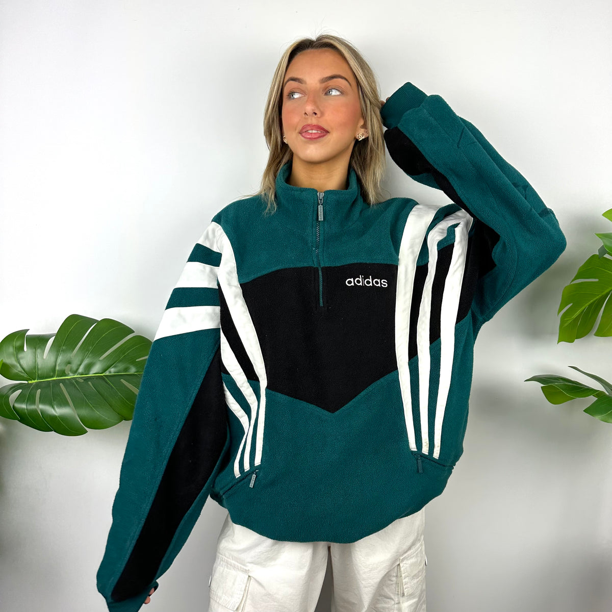 Adidas Embroidered Spell Out Colour Block Teddy Bear Fleece Quarter Zi ...