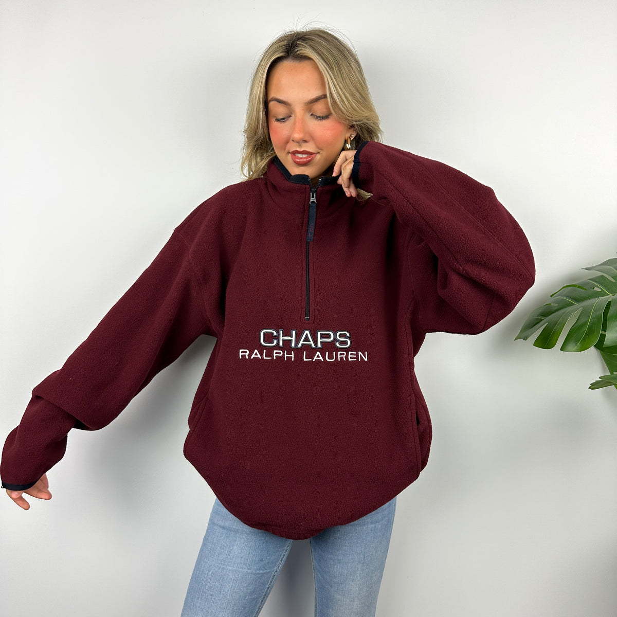 Chaps Ralph Lauren Maroon Embroidered Spell Out Teddy Bear Fleece Quar ...