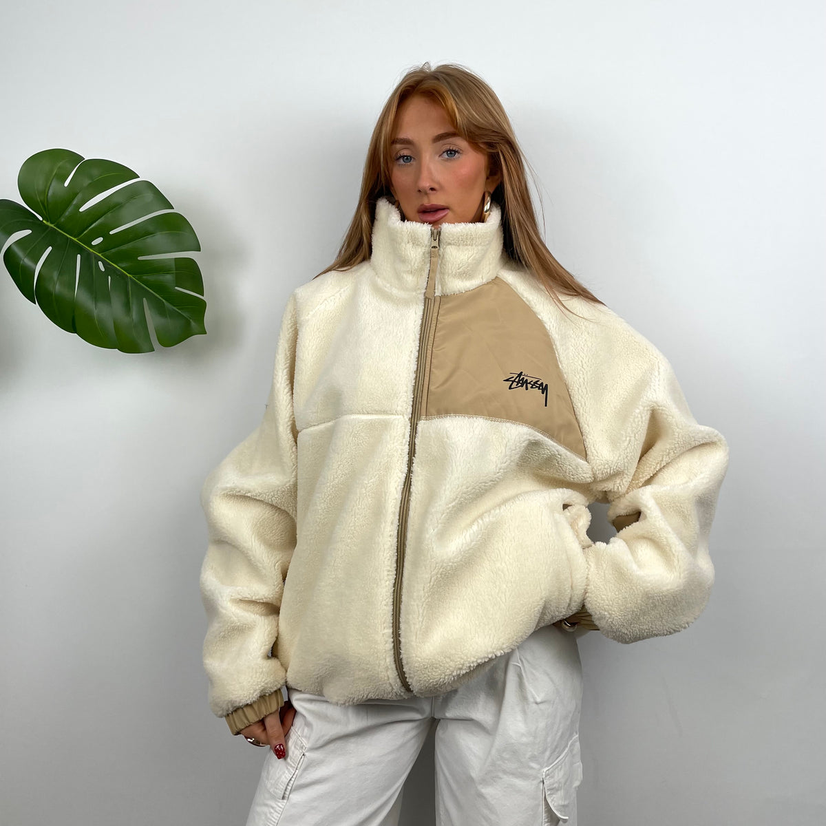 Stussy Cream Teddy Bear Sherpa Fleece Zip Up Jacket (M) – Jamie Online ...