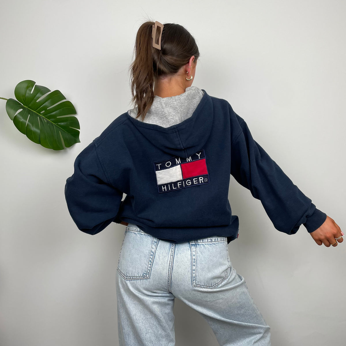 Tommy Hilfiger RARE Navy Embroidered Spell Out Zip Up Hoodie Jacket (X ...