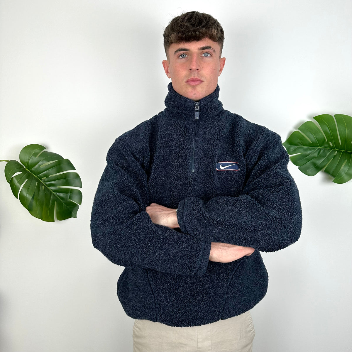 Nike Navy Embroidered Swoosh Teddy Bear Fleece Sherpa Quarter Zip Swea ...