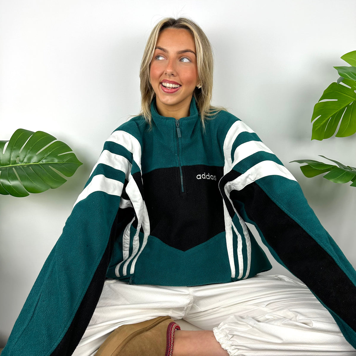 Adidas Embroidered Spell Out Colour Block Teddy Bear Fleece Quarter Zi ...